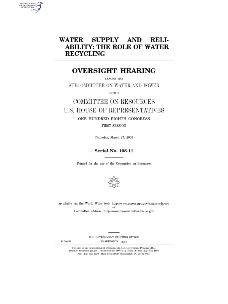 House Hearing 108th Congress Water Supply And Reliability The Role