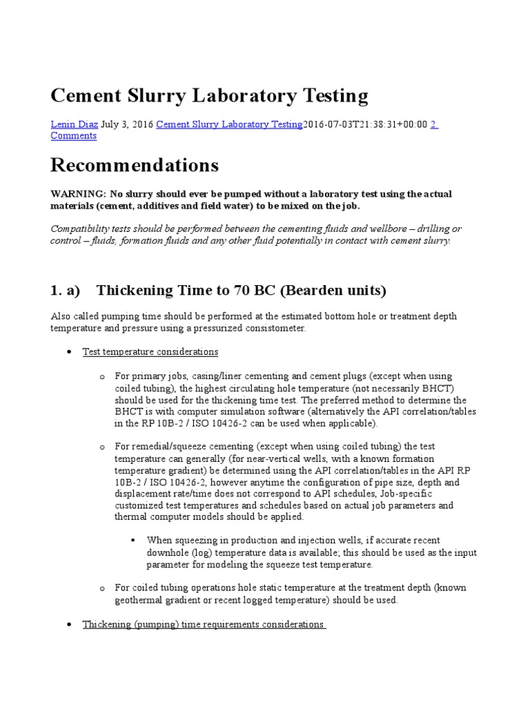 Cement Slurry Laboratory Testing | PDF | Casing (Borehole ...