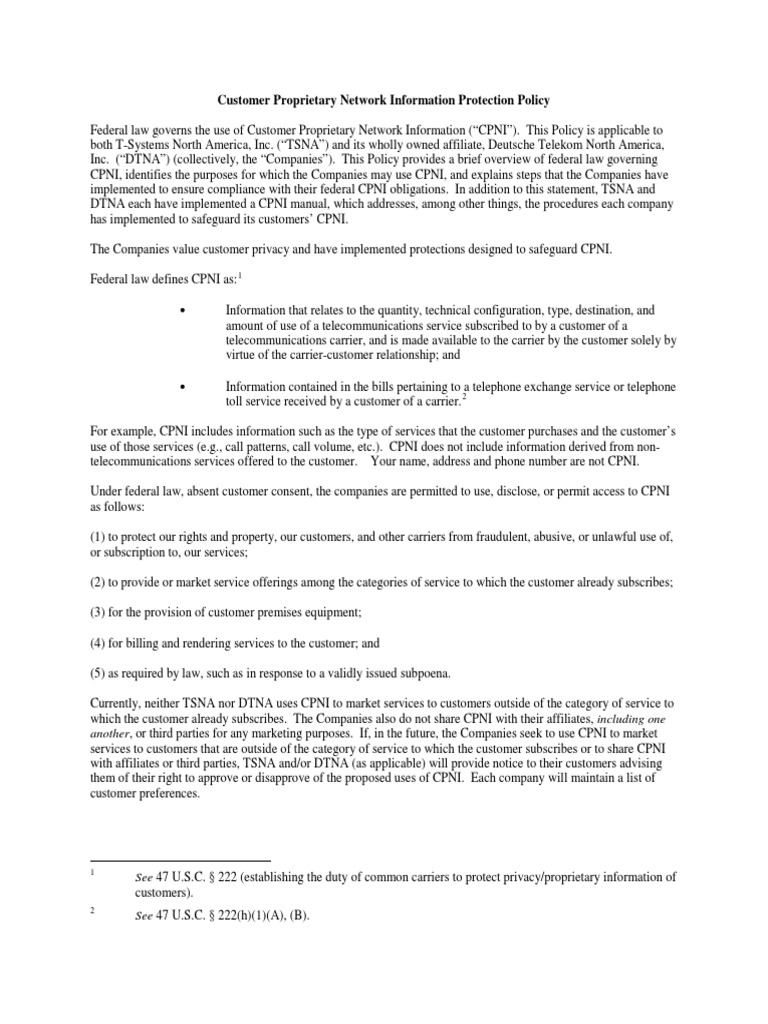 T-Systems CPNI Policy Statement - Final 022717 PDF | PDF | Regulatory ...