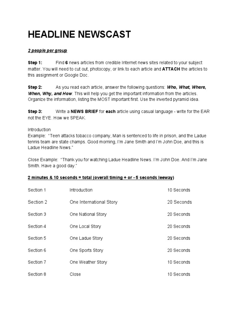 Headline Newscast: 2 People Per Group | PDF | News Broadcasting | Mass ...