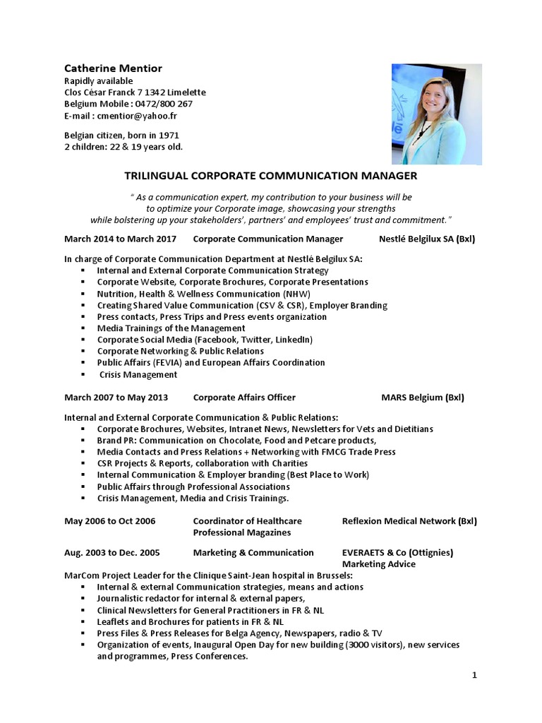 CV 2017 Catherine Mentior PDF | PDF | Public Relations | Employment