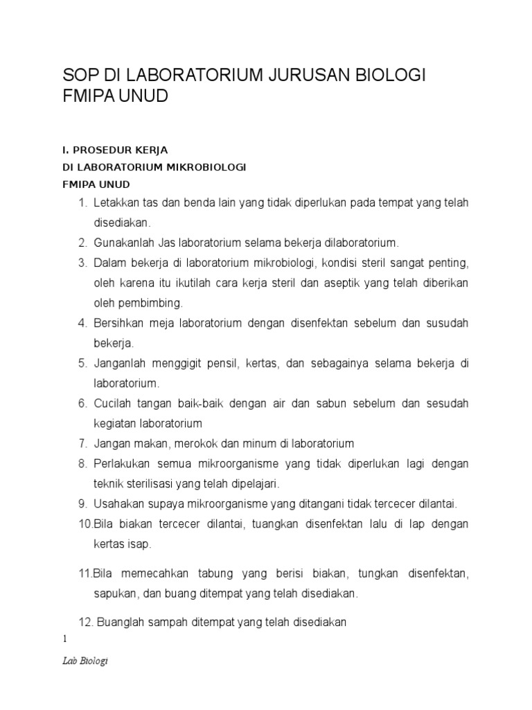 Sop Laboratorium Di Biologi | PDF