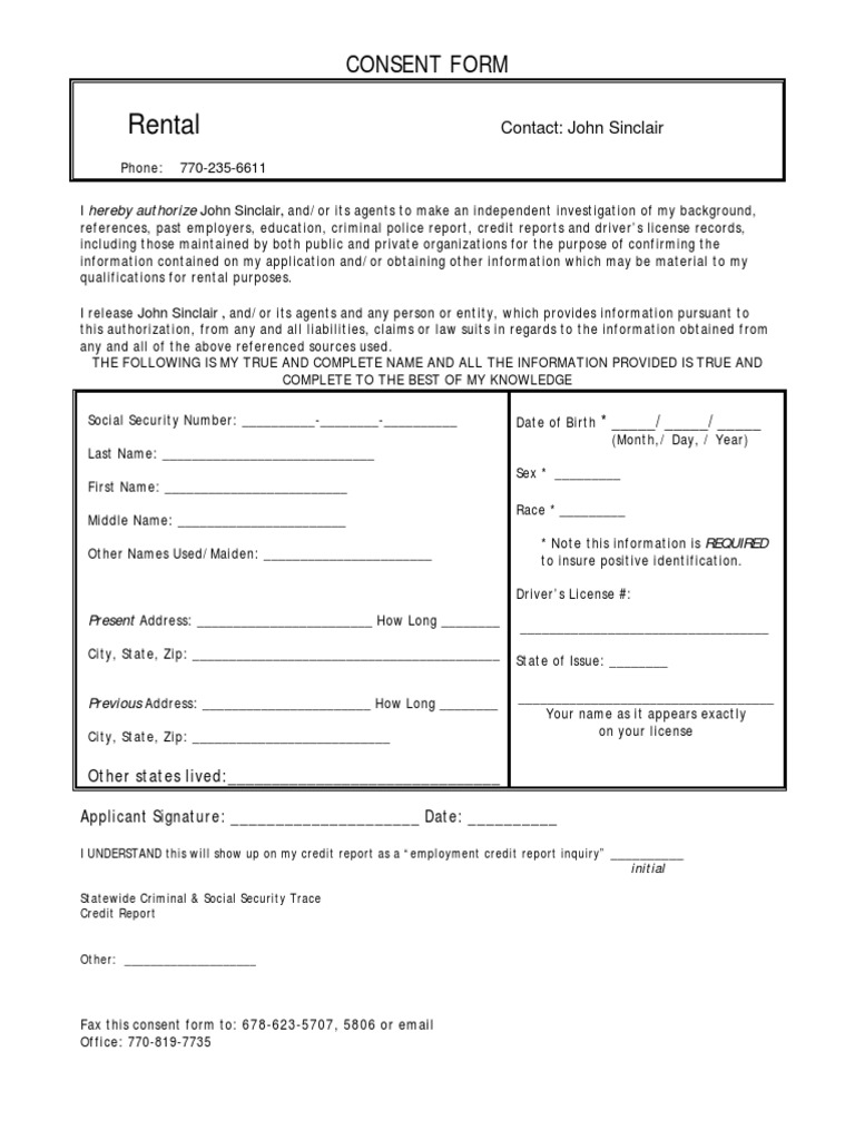 Sinclair Consent Form | PDF | Credit History | Consent