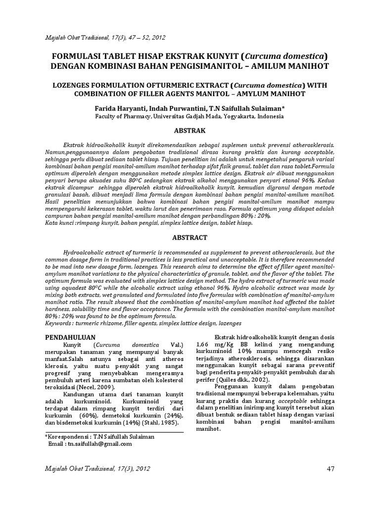 Formulasi Tablet Hisap Ekstrak Kunyit | PDF