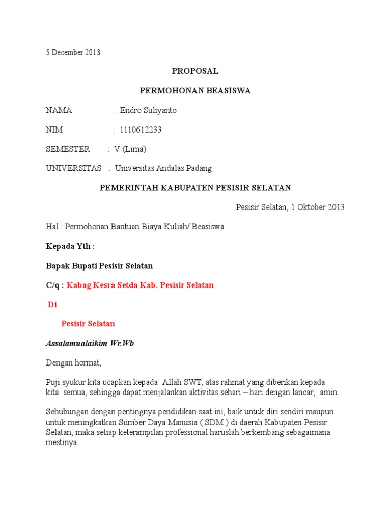 Contoh Proposal Pengajuan Beasiswa Pemda | PDF
