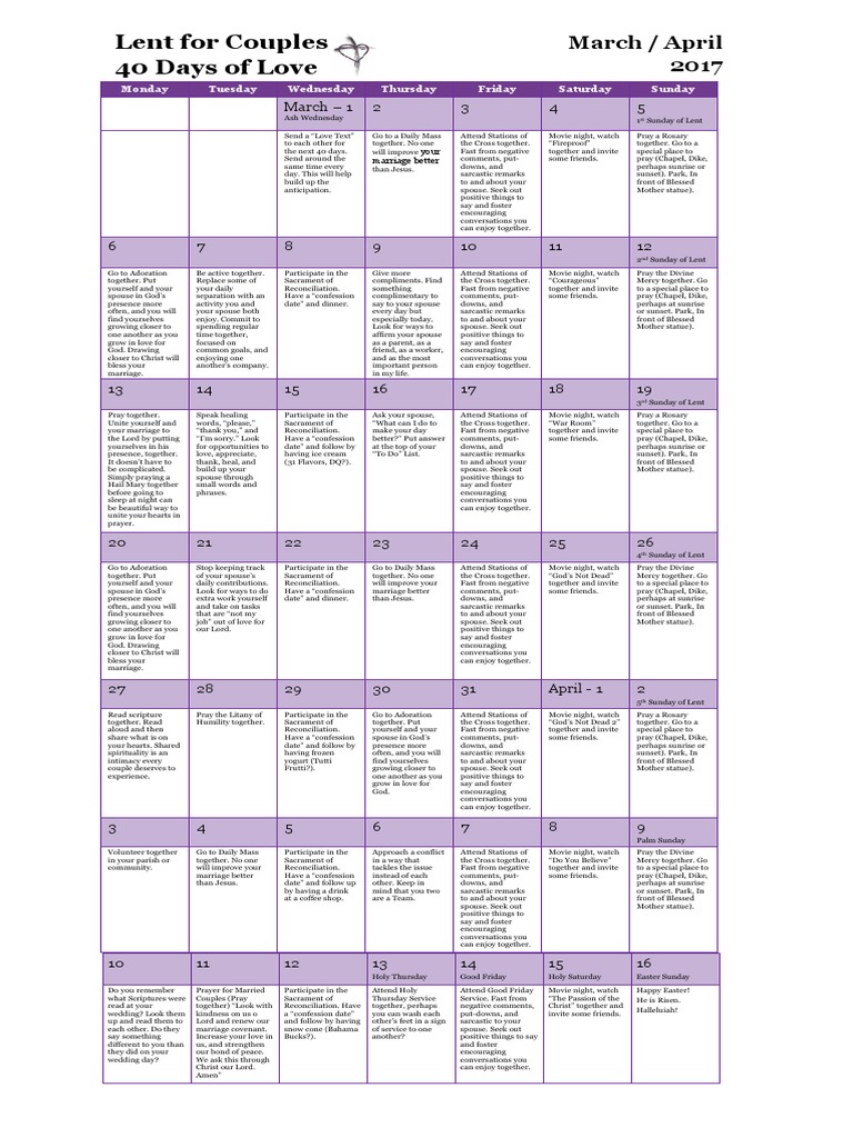 Lent Calendar For Couple's | PDF | Lent | Confession (Religion)