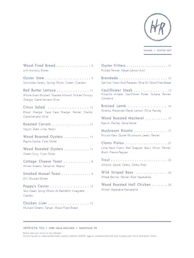 Henrietta Red - Dinner Menu | PDF | Pickling | Asian Cuisine