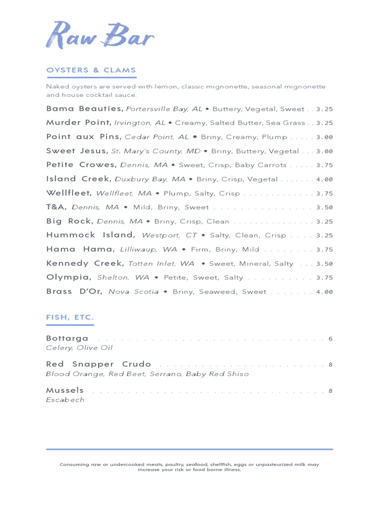 Henrietta Red - Raw Bar Menu | PDF