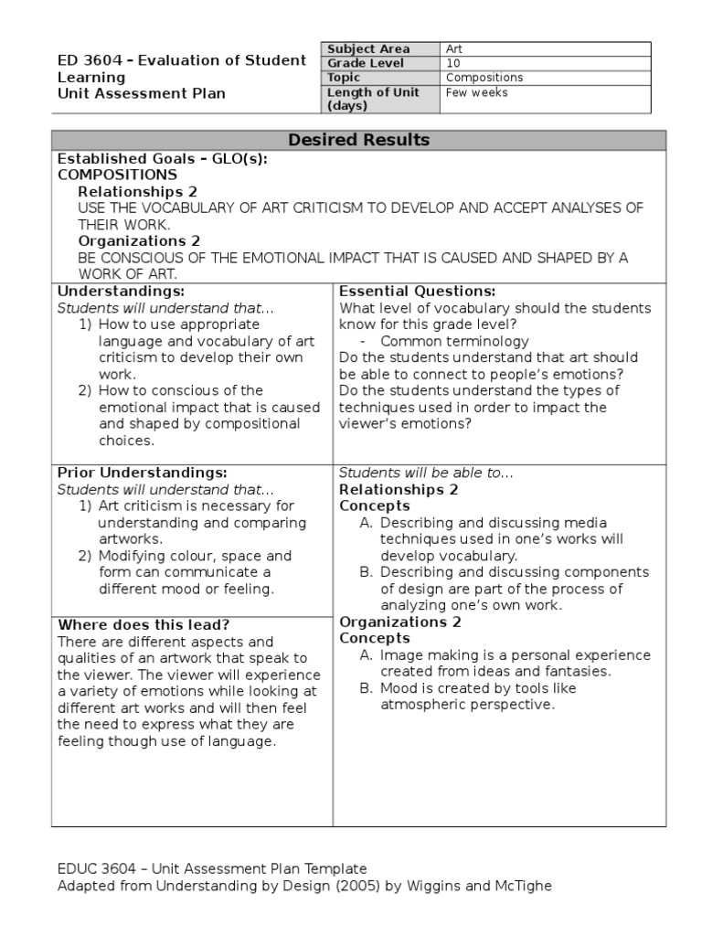 Unit Assessment Plan Assignment | PDF | Educational Assessment ...