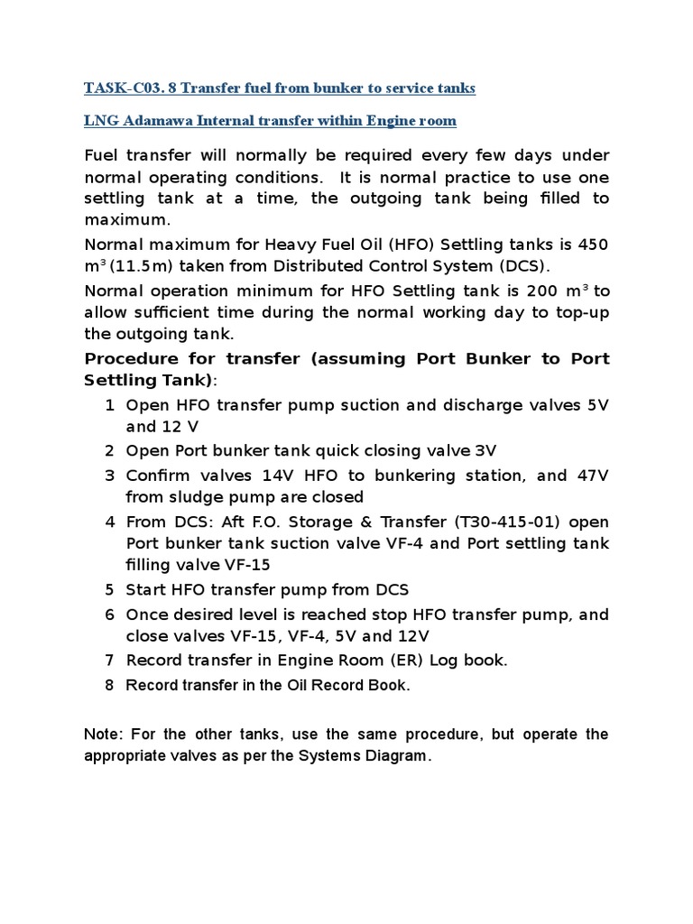 Fuel Transfer Procedure for Settling Tanks | PDF