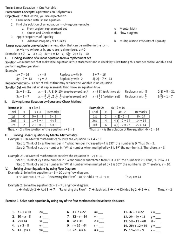Linear Equations for Beginners | PDF | Variable (Mathematics) | Equations