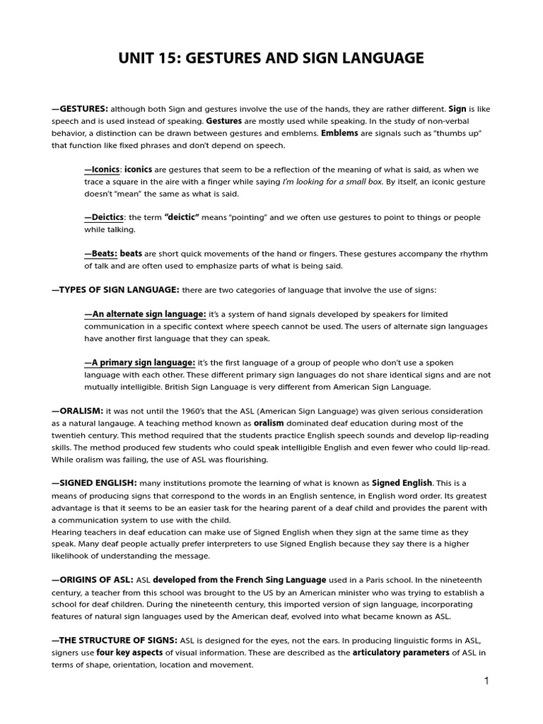 Unit 15 (Gestures and Sign Language) | PDF | Gesture | American Sign ...
