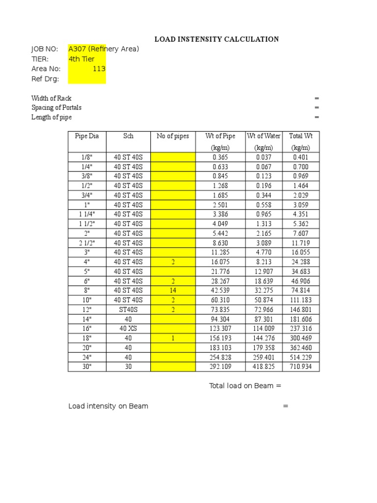 Pipe Load Calculation - Empty Weight and Water Filled | Download Free ...