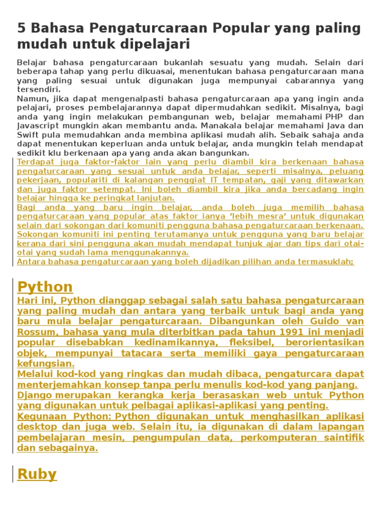 5 Bahasa Pengaturcaraan Popular Yang Paling Mudah Untuk Dipelajari | PDF