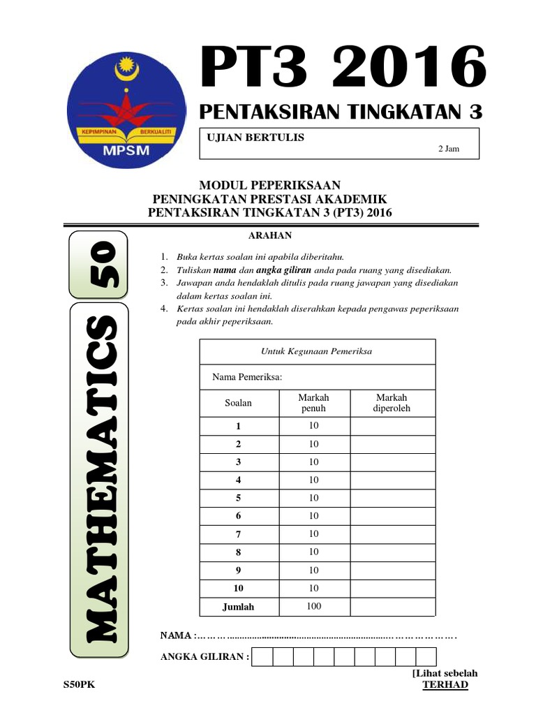 Matematik TPT3 2016 MPSM Kedah Soalan | PDF