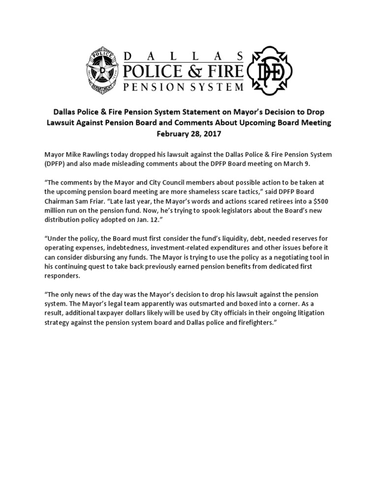 DPFP Statement On Rawlings Lawsuit and Upcoming Pension Board | PDF ...