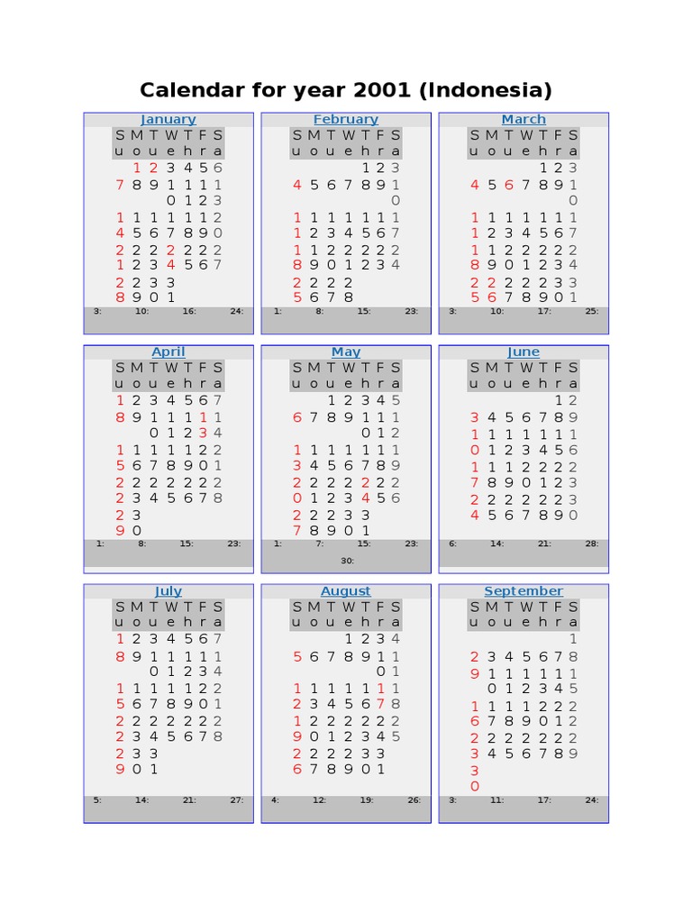 Calendar For Year 2001 (Indonesia) : January February March | PDF ...