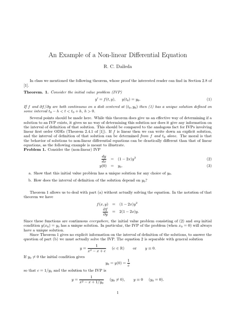 An Example of A Non-Linear Differential Equation: R. C. Daileda | PDF ...