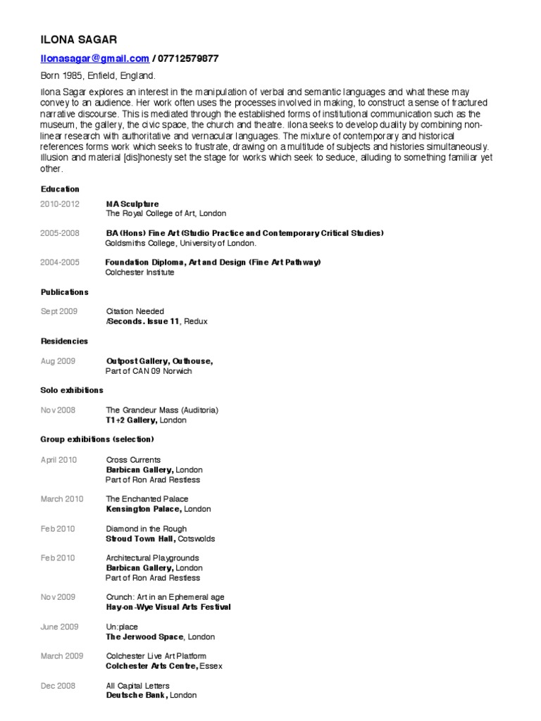 Ilona Sagar CV MAY 2010 | PDF | Installation Art | Theatre