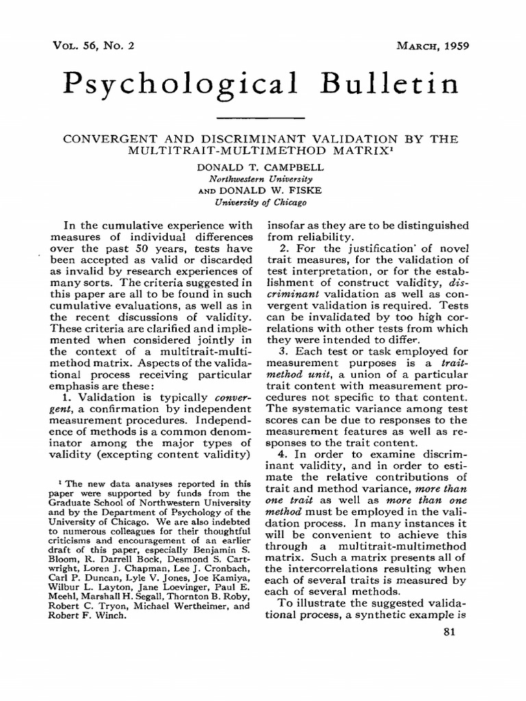 Campbell DT & Fiske DW (1959) Convergent and Discriminant Validation by ...