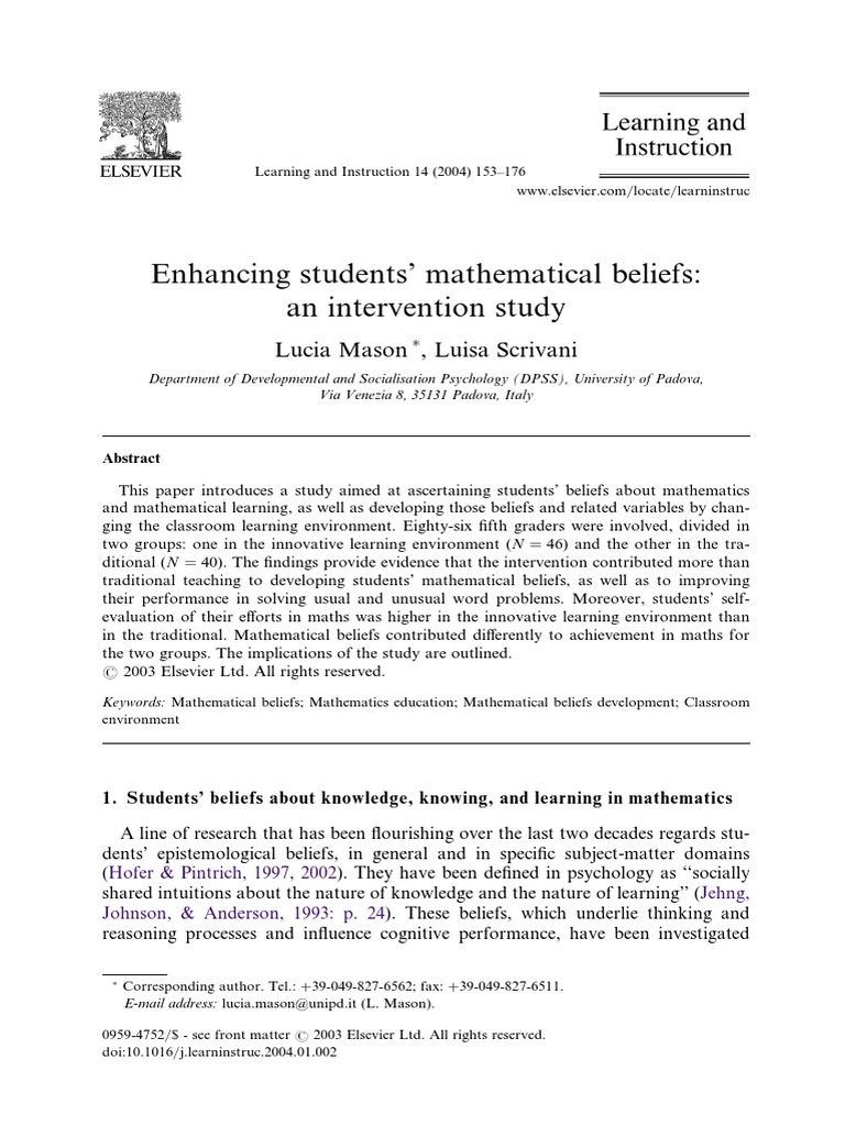 Enhancing Students' Math Beliefs Study | PDF | Subtraction | Metacognition