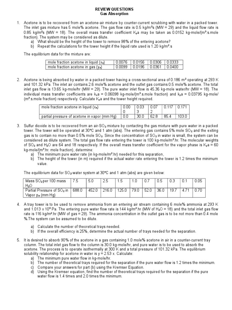 Review Questions Gas Absorption Pdf Phases Of Matter Chemical