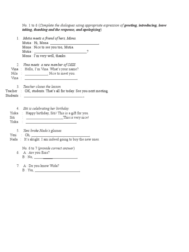 Exercises on Greeting and Leave Taking | PDF