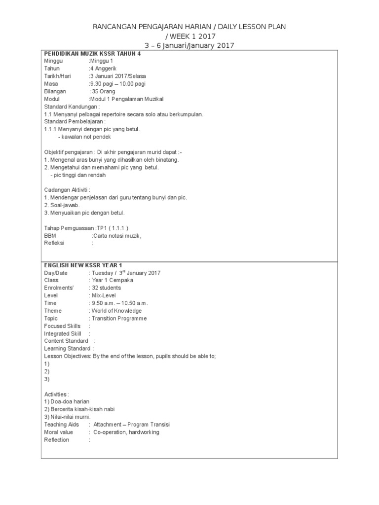 Lesson Plan Baru Minggu 1 2017 | PDF | Lesson Plan | Pedagogy
