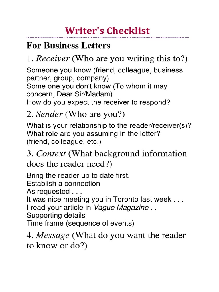 Writer's Checklist: For Business Letters | PDF