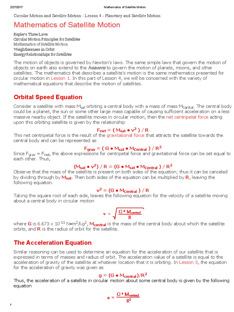 Mathematics of Satellite Motion | PDF | Orbit | Mass