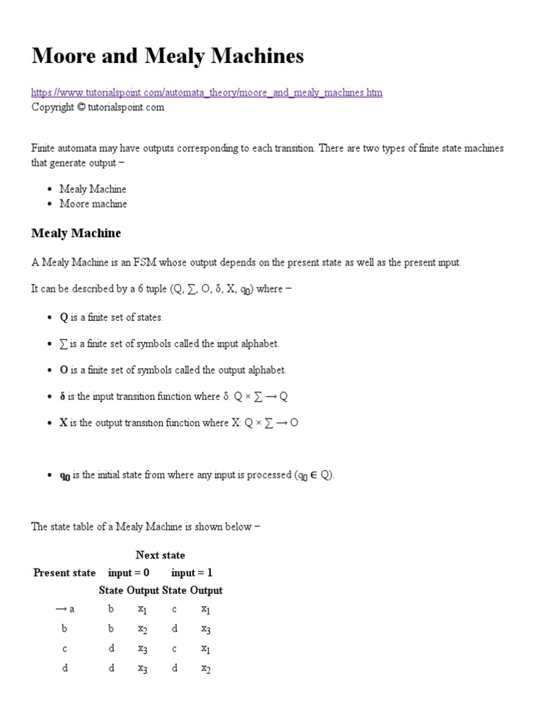 Moore and Mealy Machines | PDF | Theory Of Computation | Areas Of ...