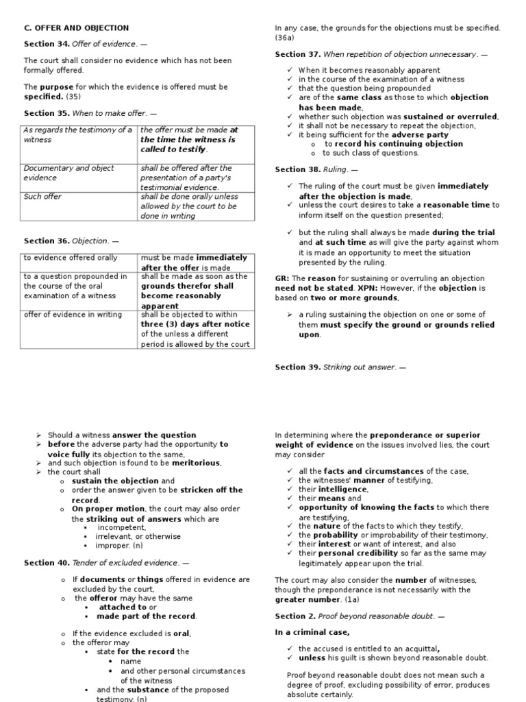 Offer and Objection | PDF | Burden Of Proof (Law) | Evidence (Law)