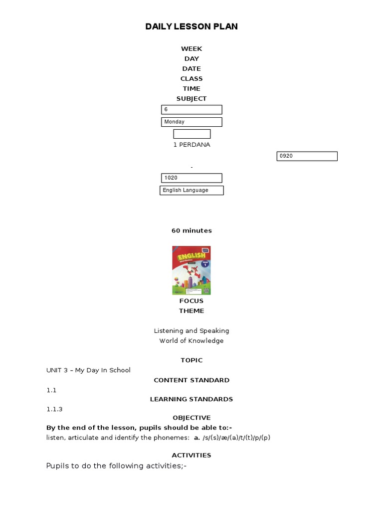 Daily Lesson Plan: Week DAY Date Class Time Subject | PDF | Lesson Plan ...