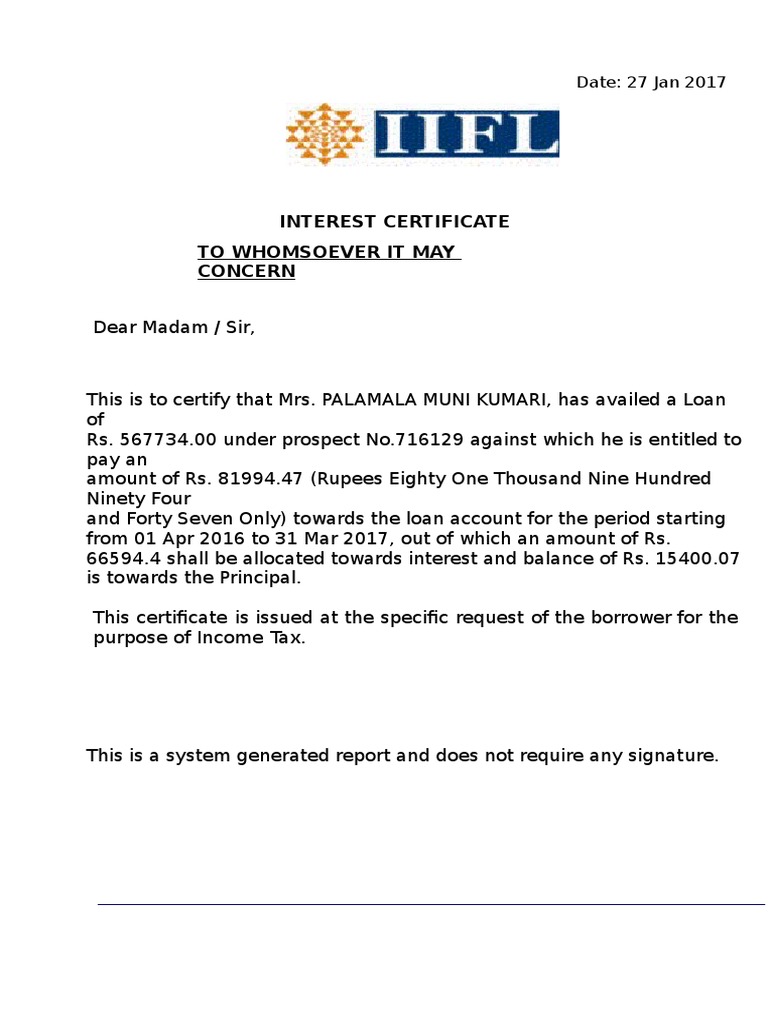 Interest Certificate To Whomsoever It May Concern: Date: 27 Jan 2017 | PDF
