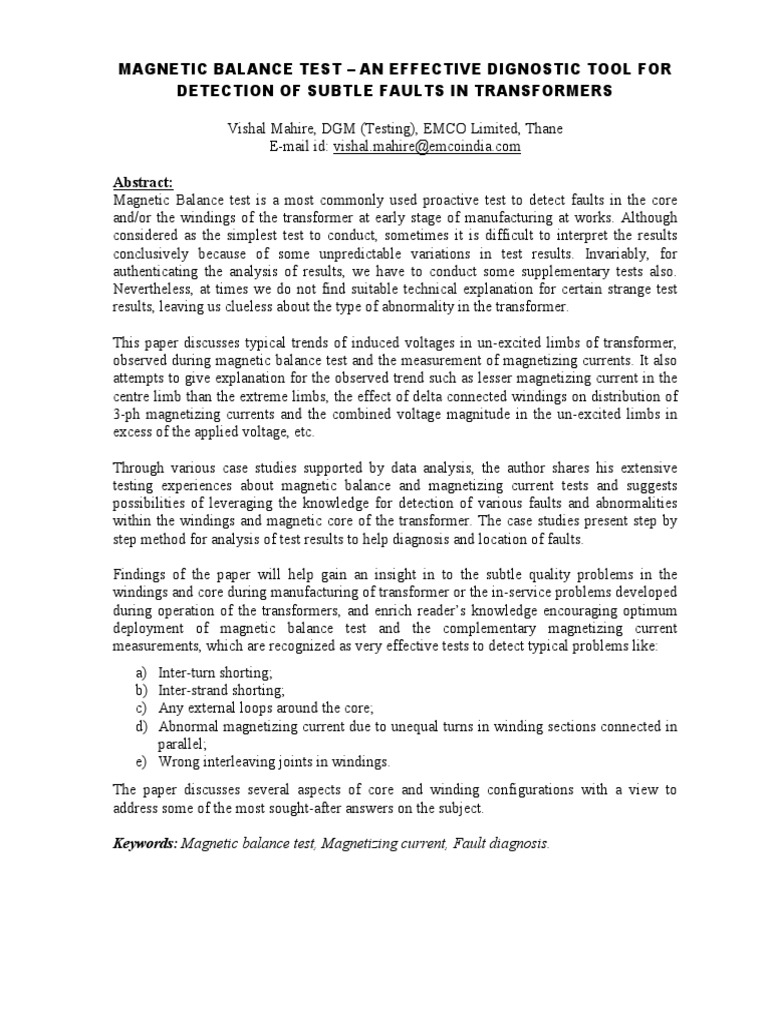 Magnetic Balance and Magnetising Excitation Current Test A Effective ...