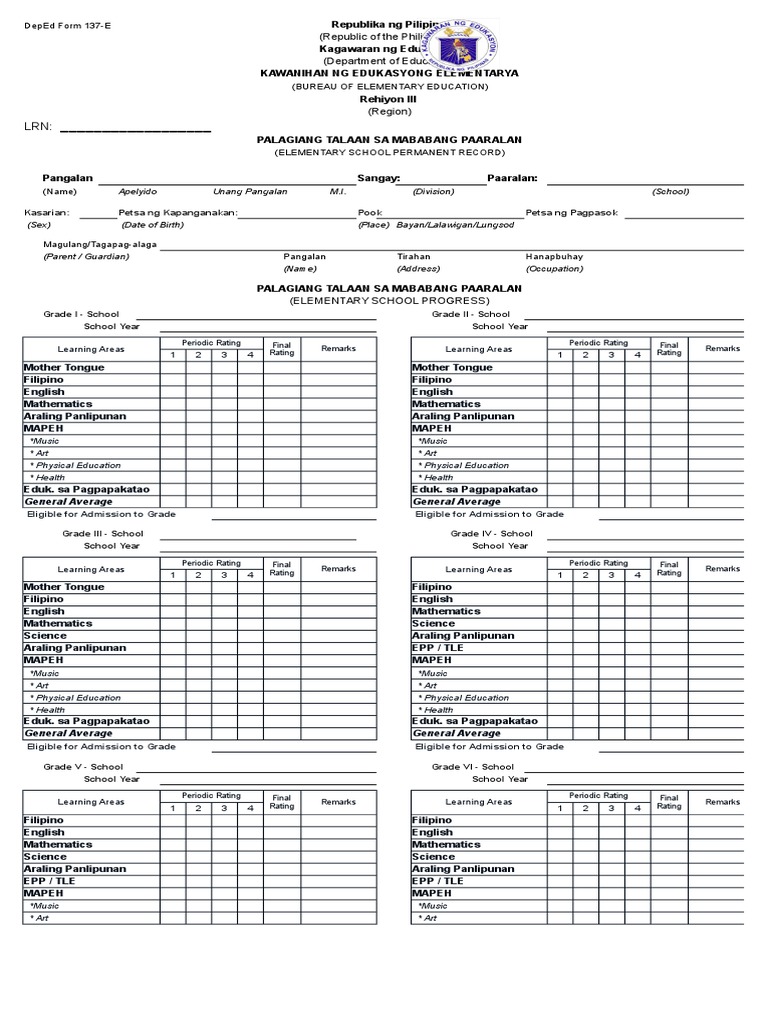 K To 12 DepEd Form 137 E Correct | PDF | Cognition | Psychological Concepts