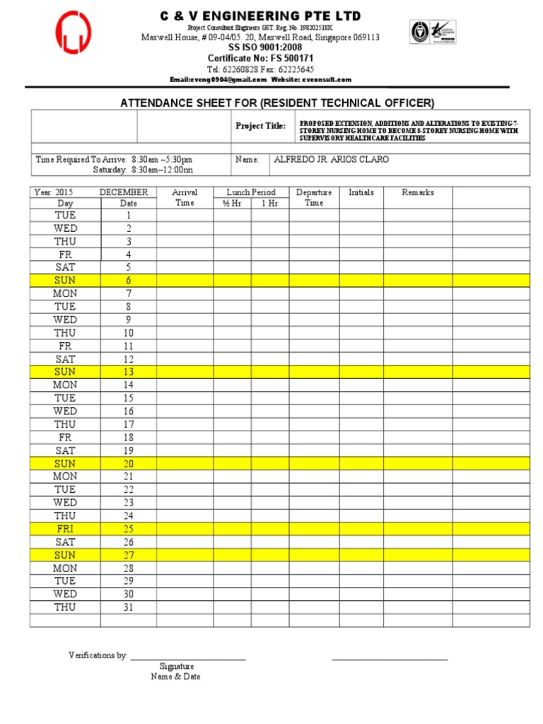 Attendance Sheet For (Resident Technical Officer) : SS ISO 9001:2008 ...