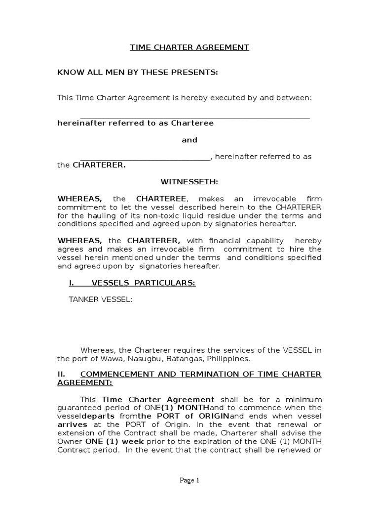 Time Charter Agreement for Vessel | PDF | Cargo | Watercraft