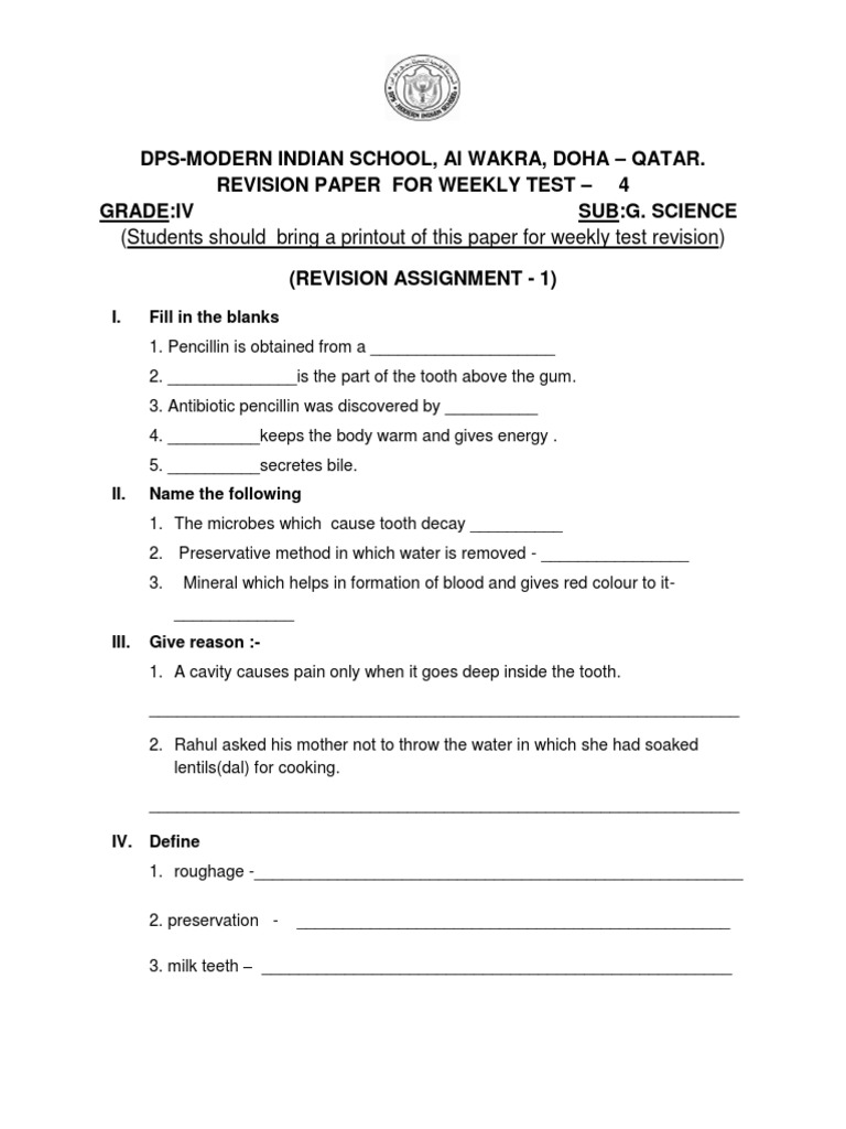 Revision Paper For Class 4 | Download Free PDF | Tooth | Digestion