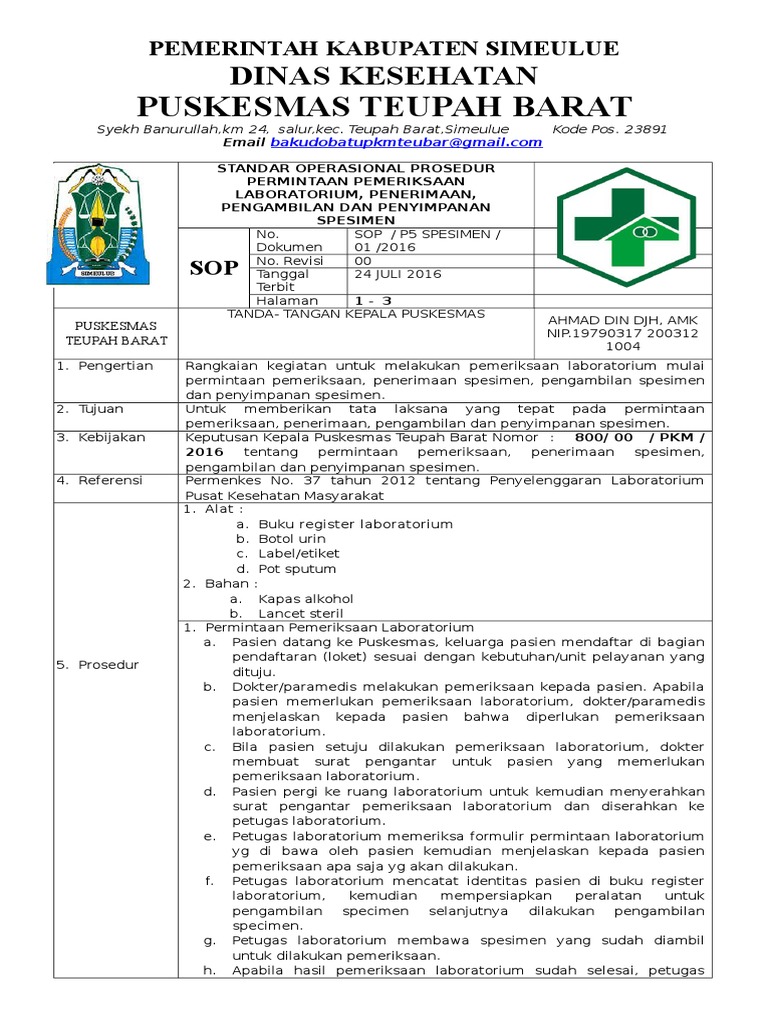 8.1.2.1 Sop Permintaan Pemeriksaan Laboratorium, Penerimaan, Pengambilan Dan Penyimpanan ...