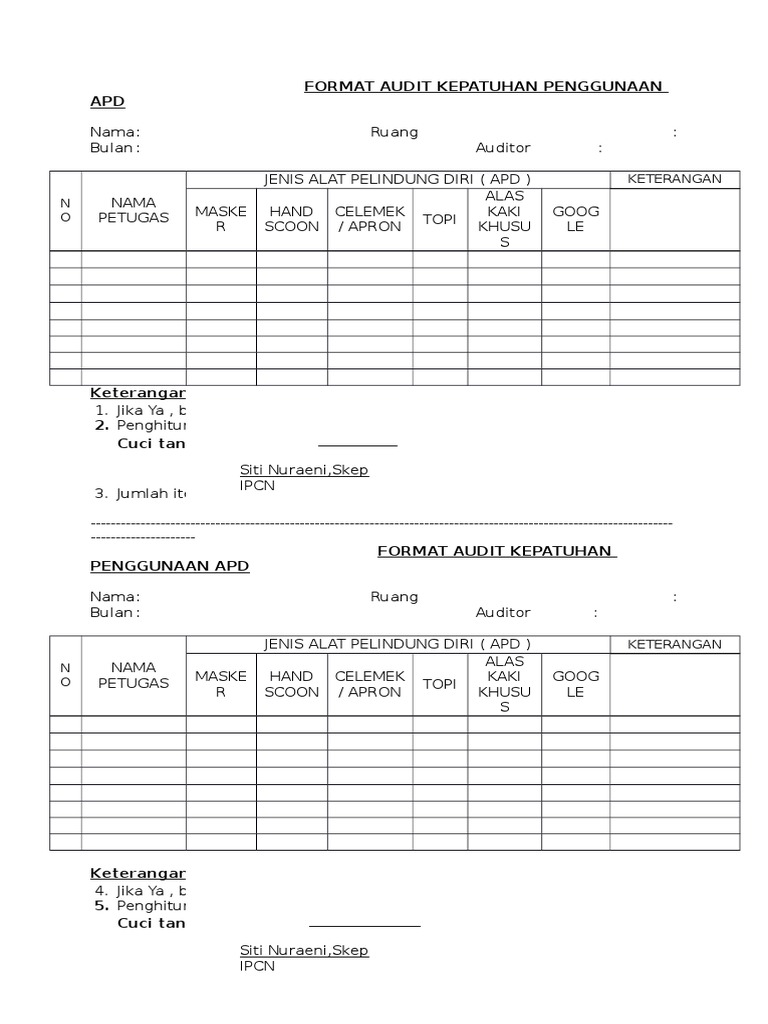 Format Audit Kepatuhan Penggunaan Apd | PDF