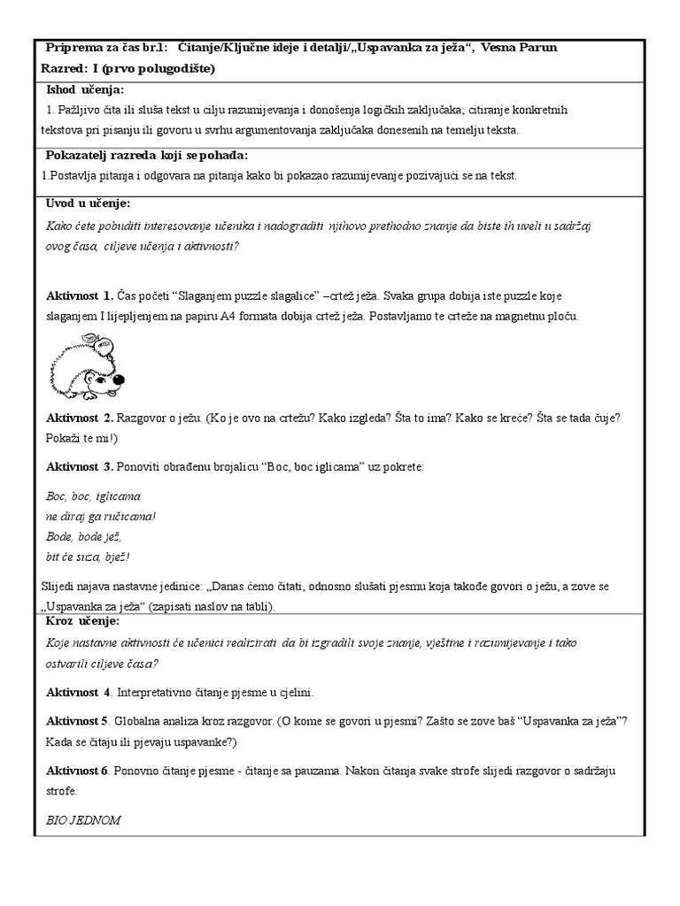 Čitanje - I razred (devetogodišnja škola) -Uspavanka za ježa