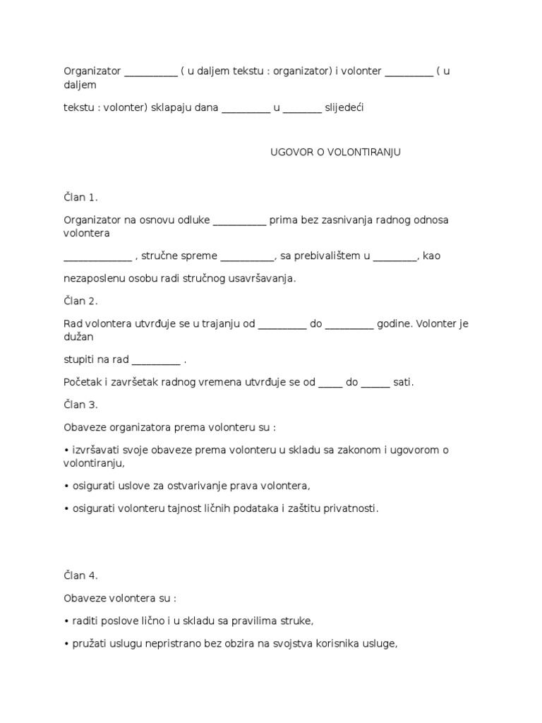 Ugovor o Volontiranju | PDF