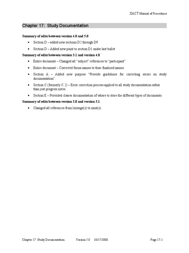 Chapter 17: Study Documentation: Summary of Edits Between Version 4.0 ...