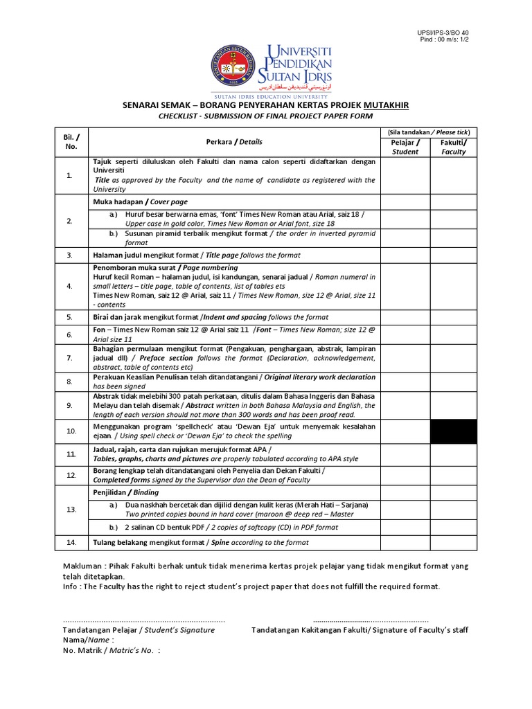 Senarai Semak - Borang Penyerahan Kertas Projek Mutakhir: Checklist ...