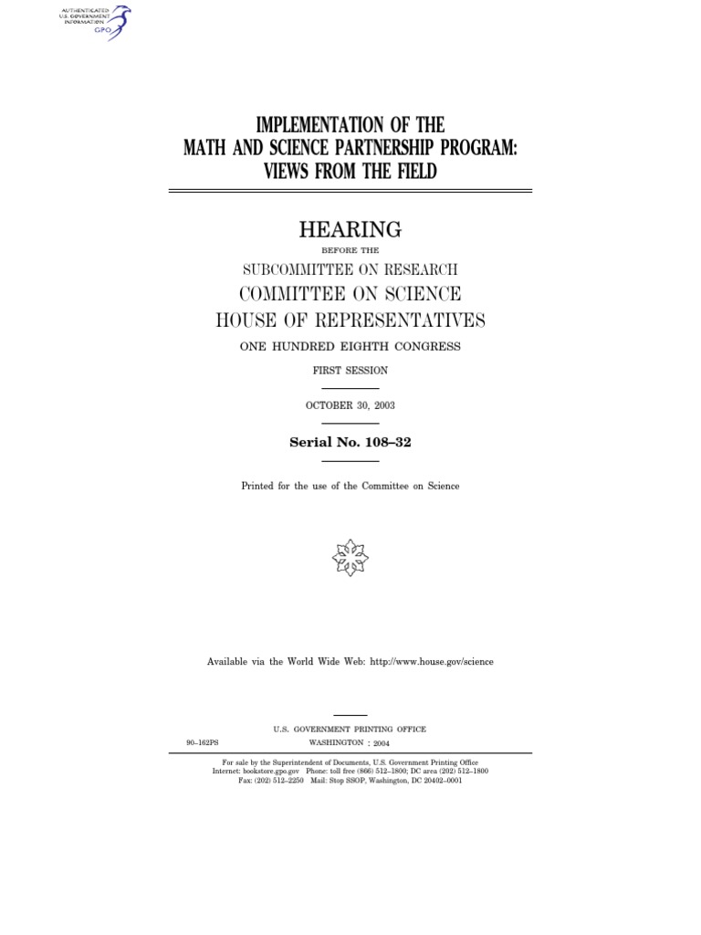 House Hearing, 108TH Congress - Implementation of The Math and Science ...