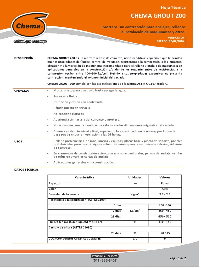 Chema Grout 200 v00 2016 | PDF | Hormigón | Agua