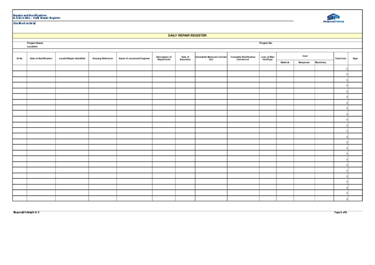 Daily Repair Register Template | PDF | Business