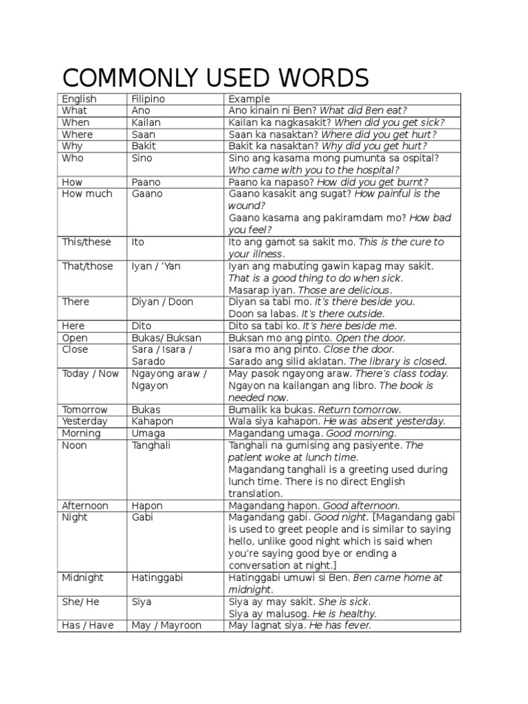 English To Filipino Translation of Commonly Used Words | PDF | Tagalog ...