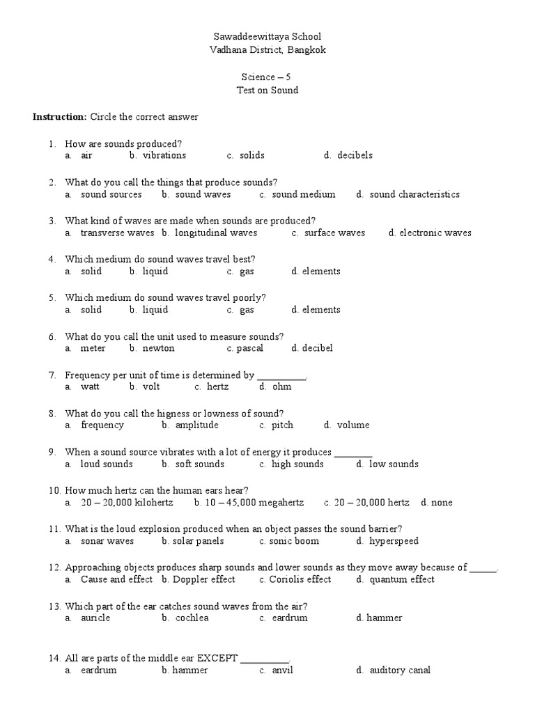 Science 5 Sound Sample Test | PDF | Ear | Sound